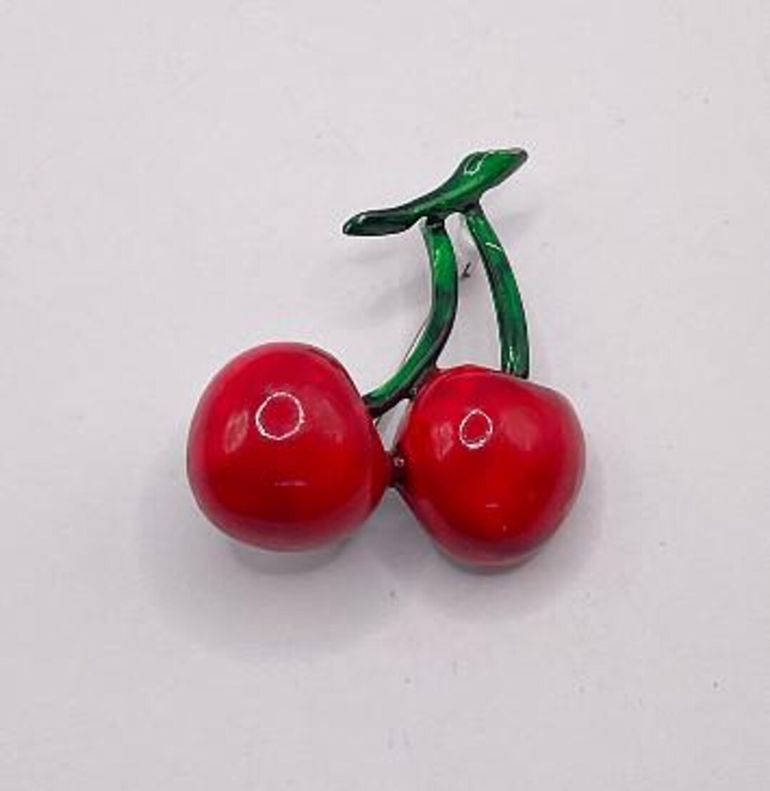 Vintage Enamel Cherry Brooch, Red With Green Stems, White Back, Red ...