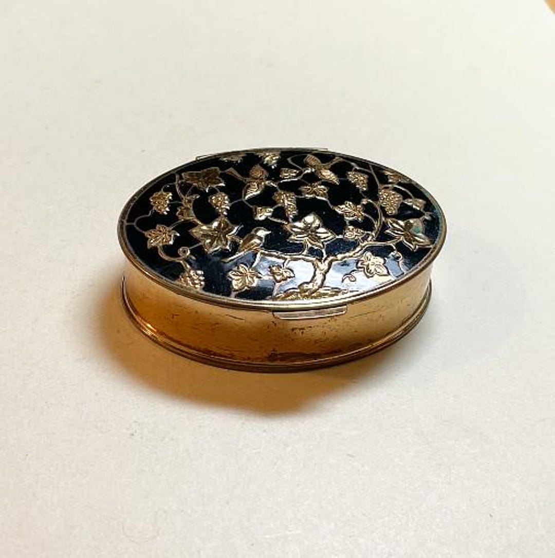 Vintage Enamel Powder Compact From Volupte, Goldtone Metal With Black ...