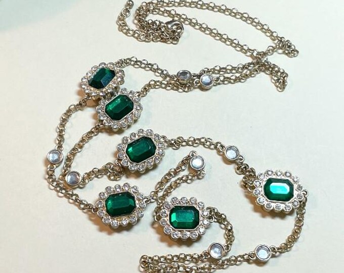Vintage Long Gem Chain Necklace, 40 Inches Long, Green Acrylic Stone ...