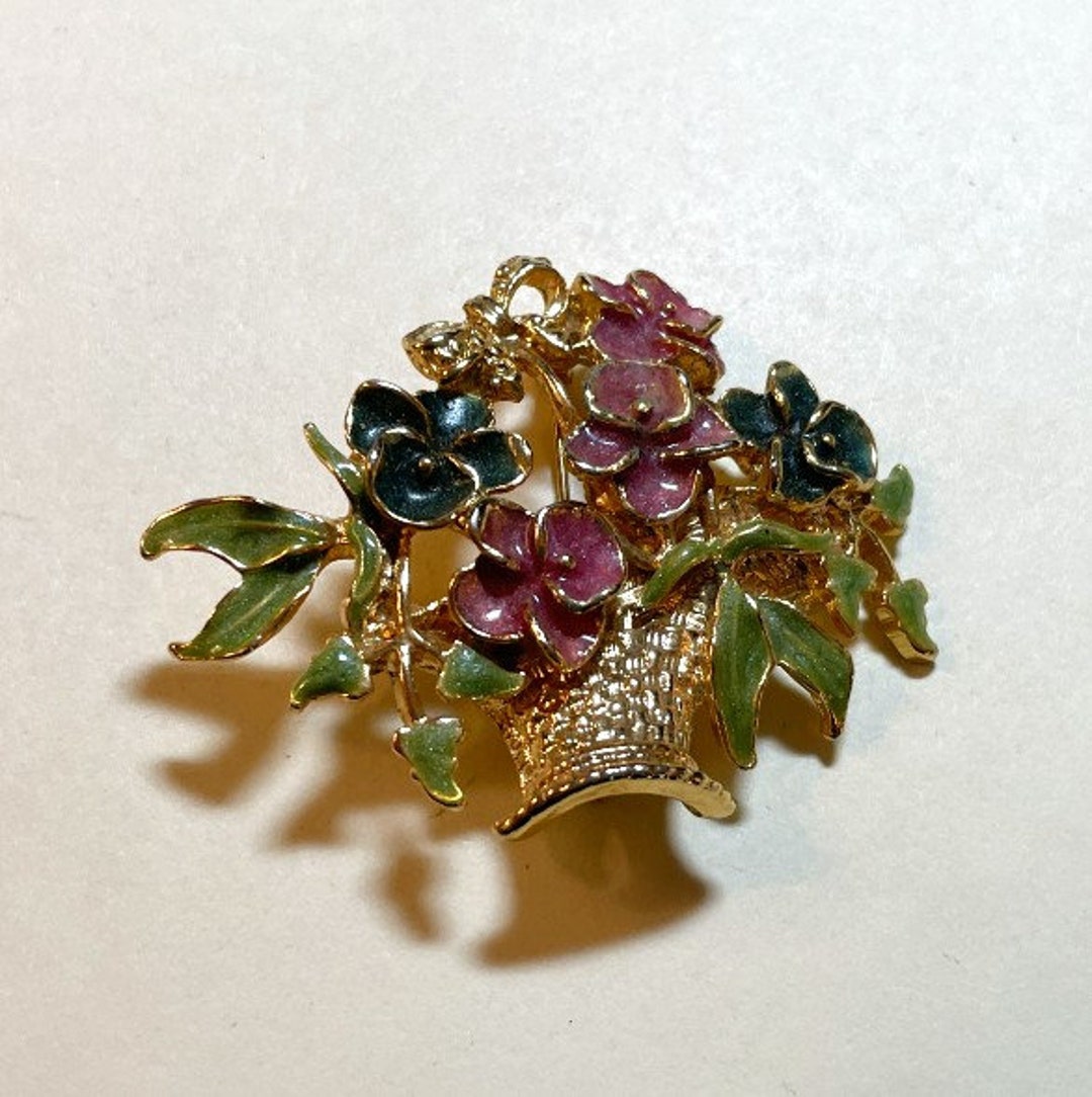 Vintage Flower Basket Brooch, Goldtone Metal With Pinkish Purple, Blue ...