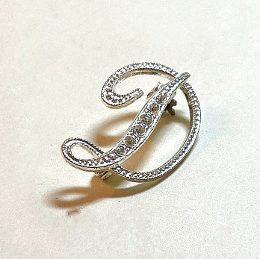 Vintage Letter D Brooch, Silvertone Metal With Rhinestones, Cursive ...