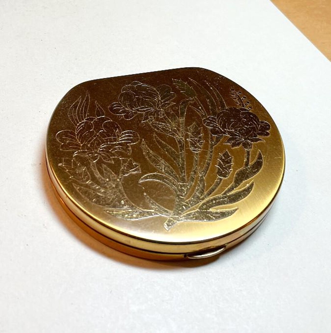Vintage Floral Design Clamshell Compact, Goldtone Metal, Mirror in Lid ...