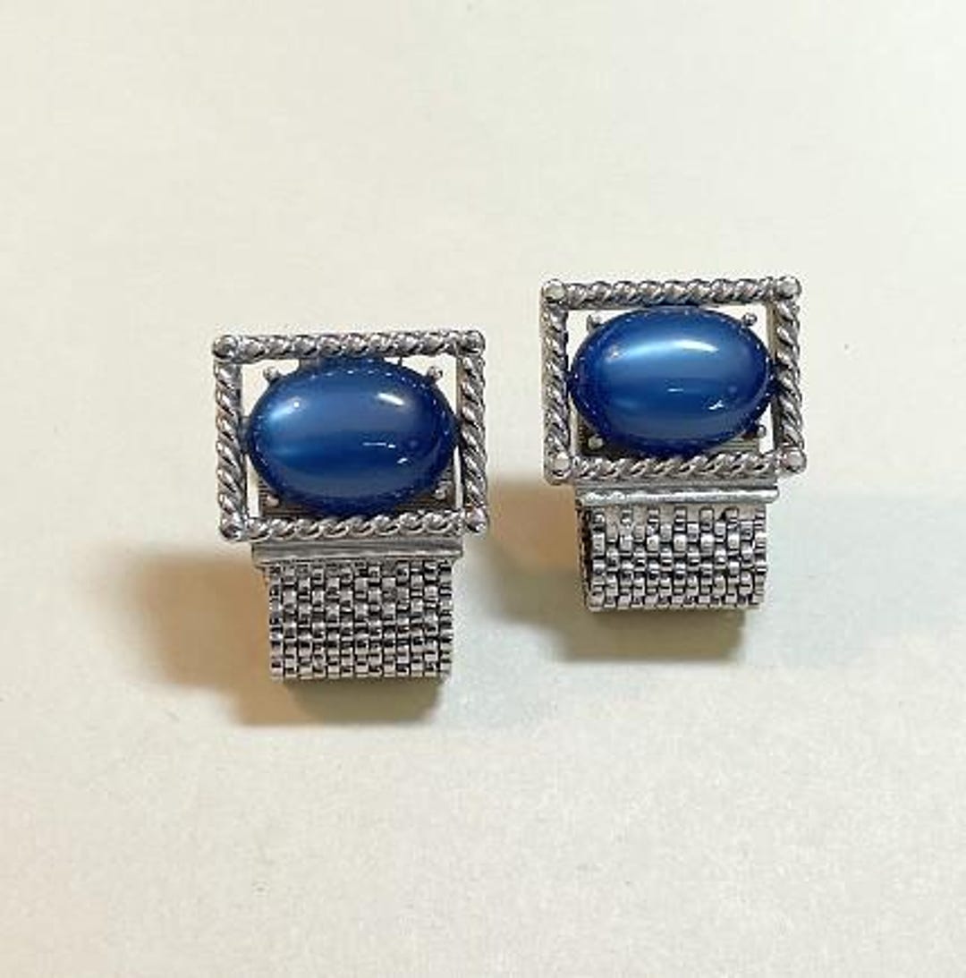 Vintage Swank Blue Moonglow Lucite Cufflinks, Silvertone Metal, Mesh ...
