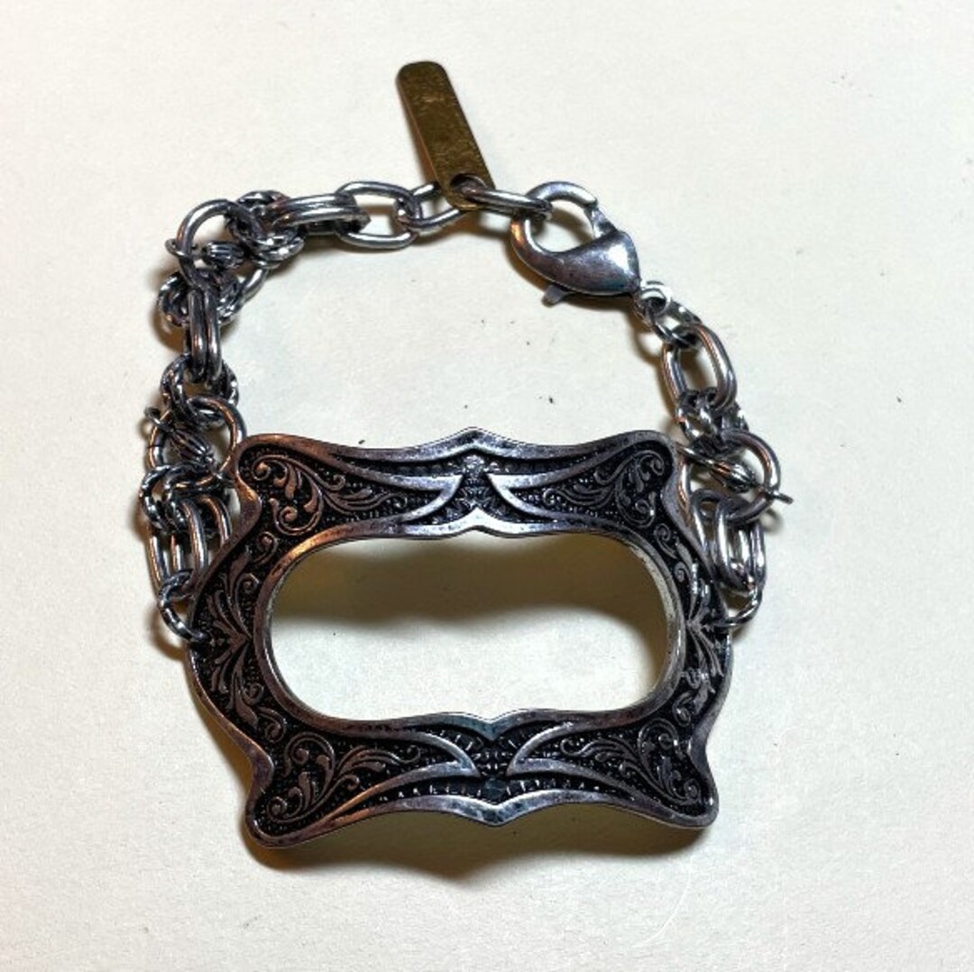 Vintage Oversized Buckle Style Bracelet From Perch, 8 1/4 Inches, Silvertone Metal, Chain ...