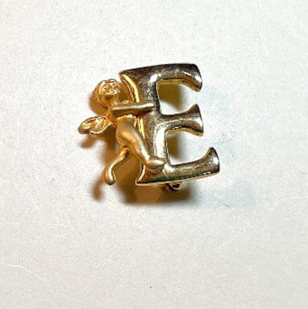 Vintage Letter E Brooch With Cherub Angel, Goldtone Metal, Initial E ...