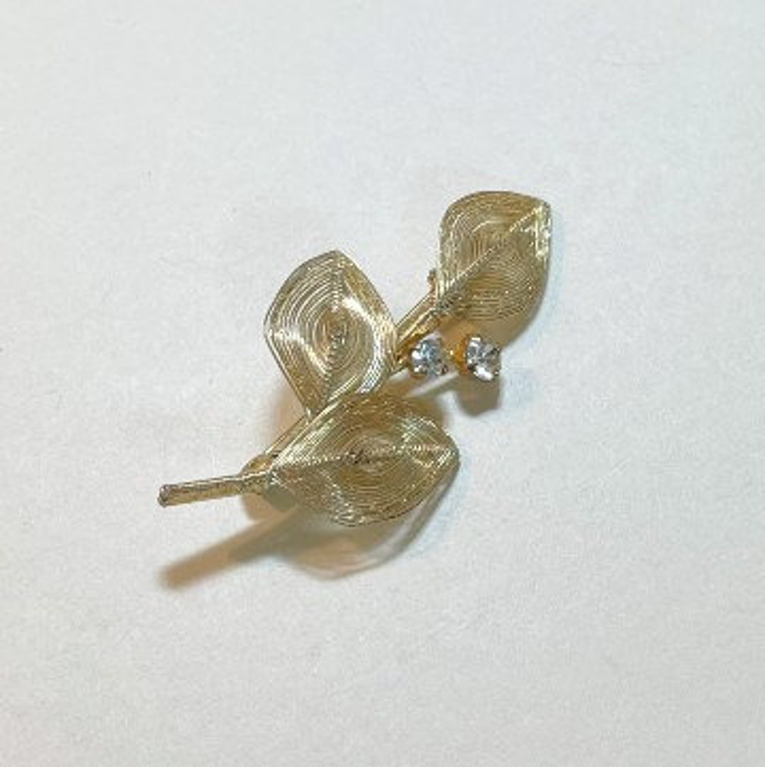 Vintage Leaf Brooch, Goldtone Metal Wire Wrapped Leaves, Two Clear ...