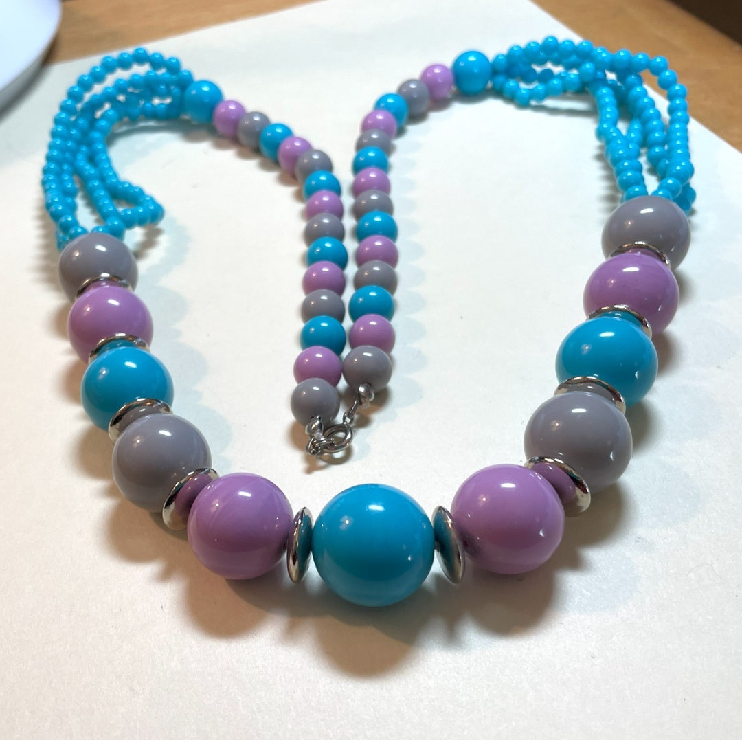 Vintage Big 80s Plastic Bead Necklace in Blue, Gray, and Purple, 30 ...