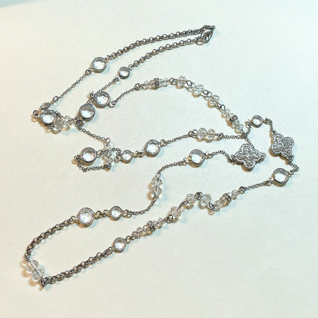 Vintage Glass Bezel Set Link Chain Necklace, 38 Inches Long, Silvertone ...
