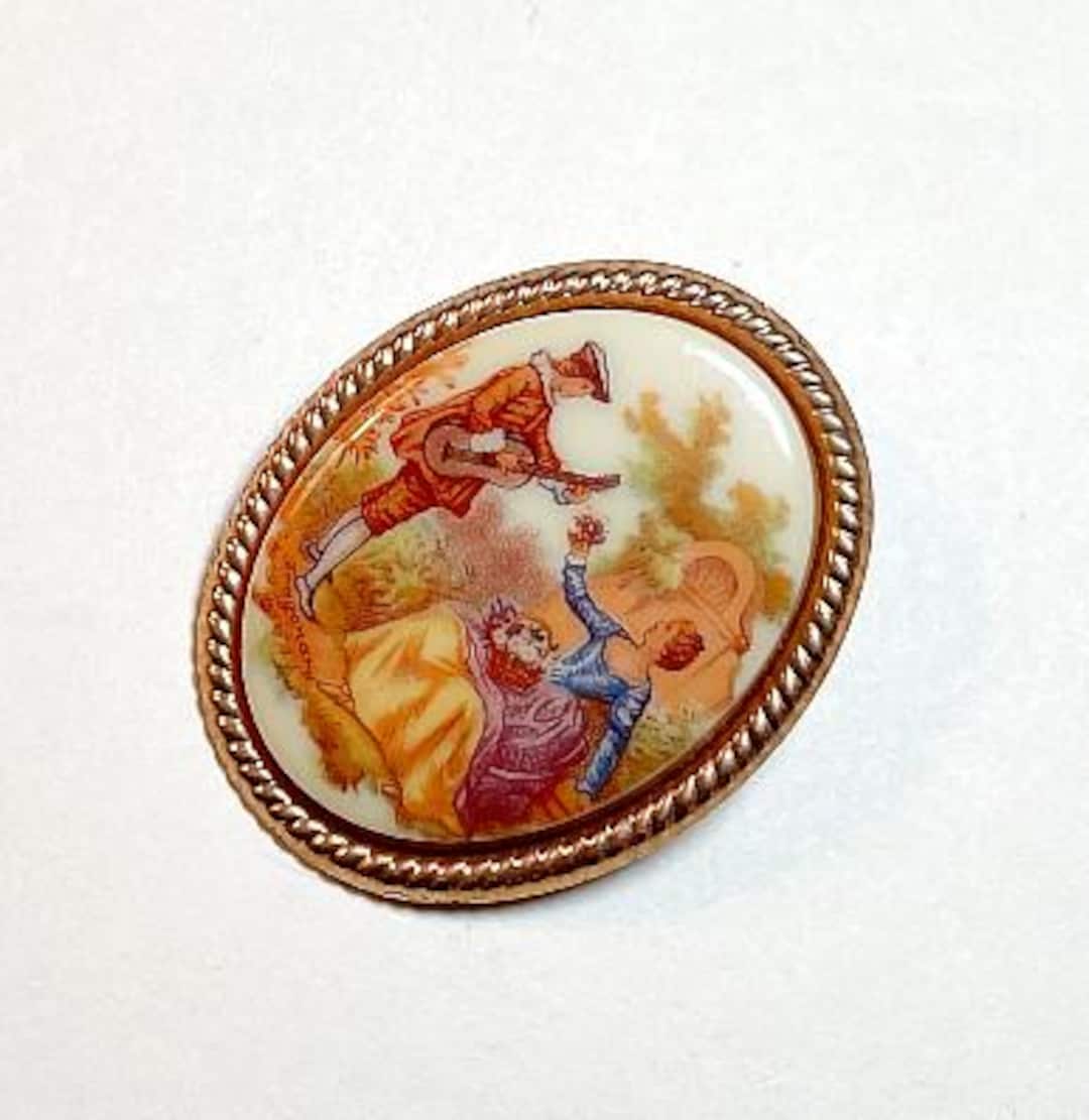 Vintage Fragonard Style Courting Couple Cameo Brooch, Goldtone Metal ...