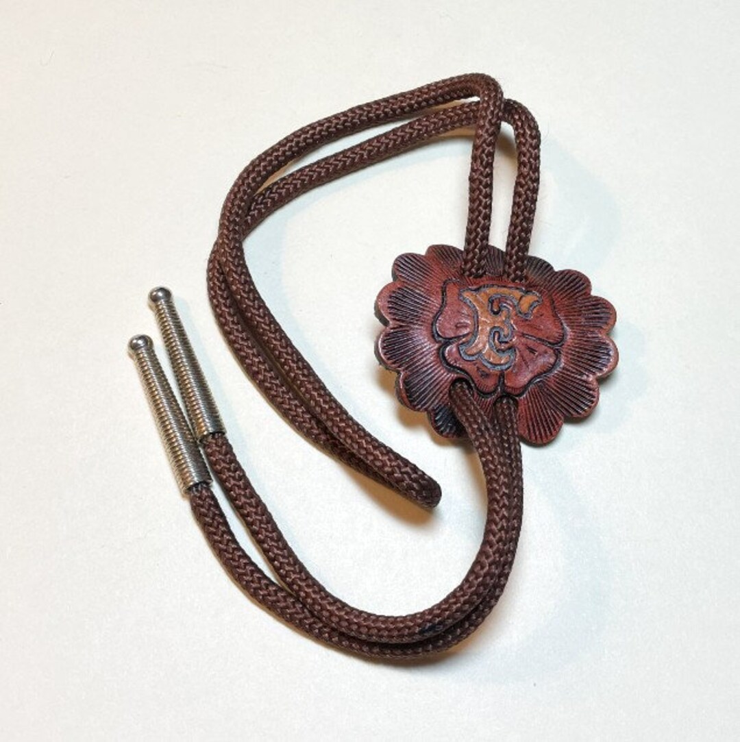 Vintage Tooled Leather Bolo Tie, Monogram Letter F, Brown Nylon Laces ...