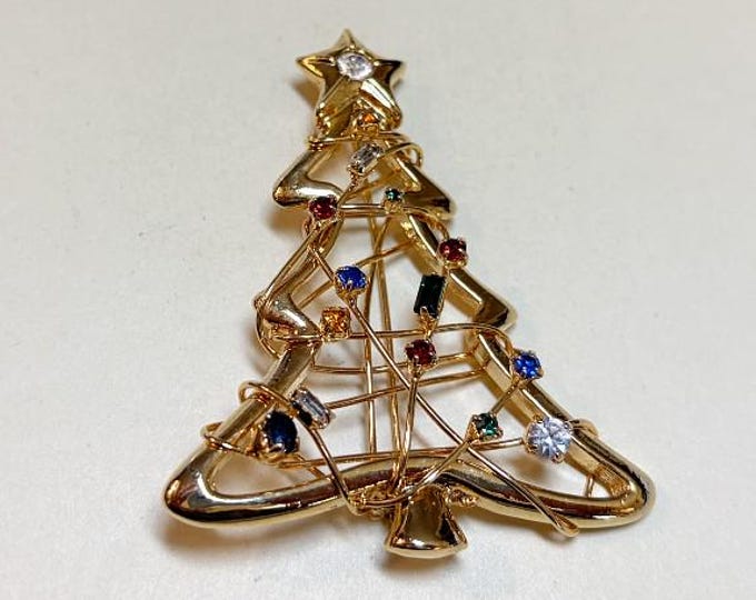 Vintage Rhinestone Christmas Tree Brooch, Goldtone Metal, Wire Tinsel ...
