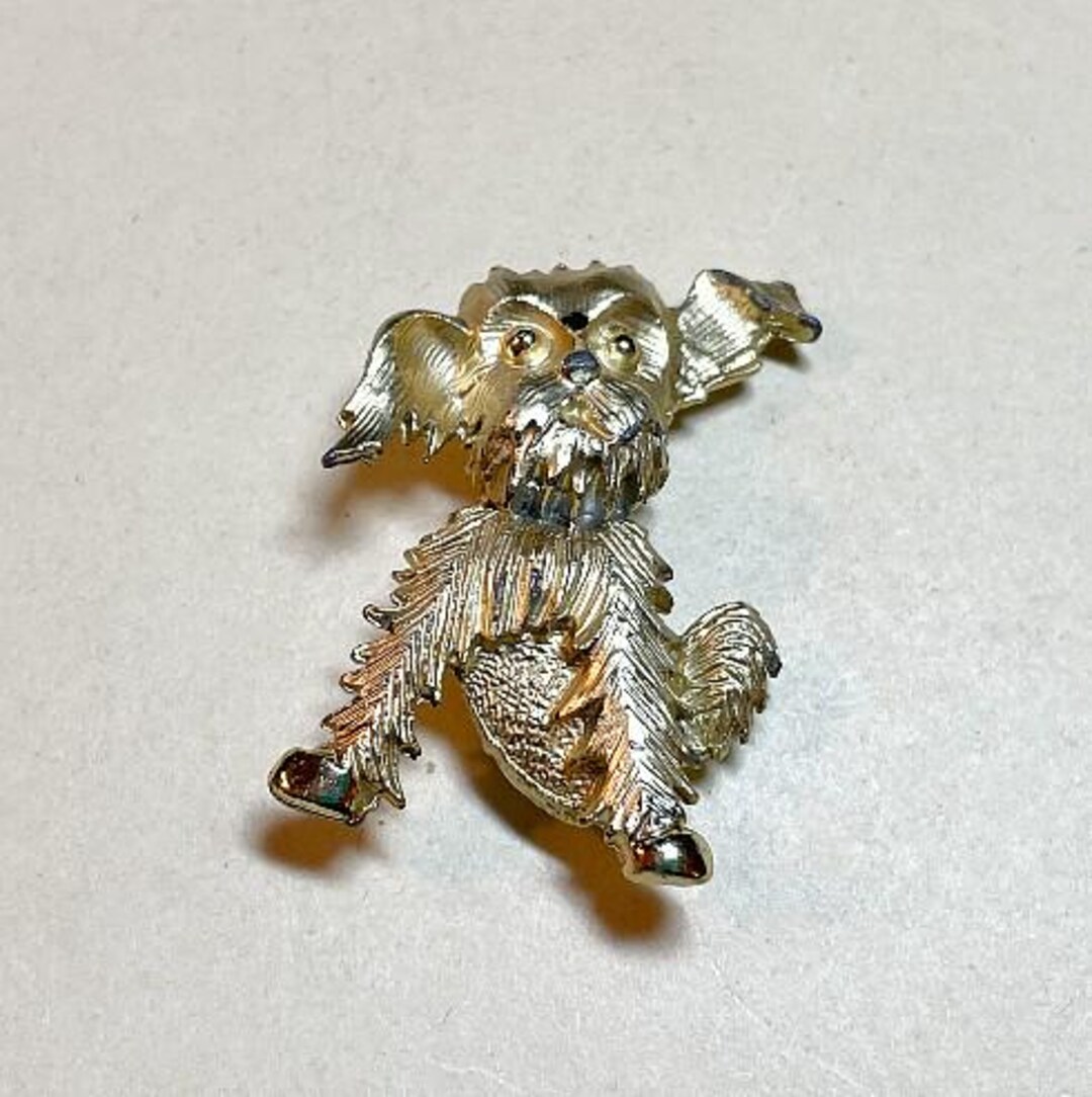 Vintage Dog Brooch, Goldtone Metal, Fluffy Scruffy Dog Pin, Novelty ...