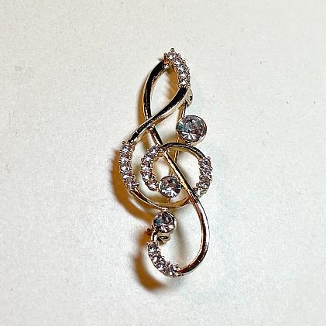 Vintage Treble Clef Brooch, Goldtone Metal With Clear Rhinestones ...