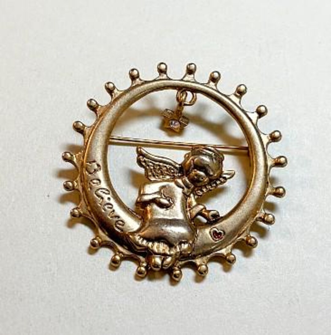 Vintage Danecraft Believe Angel Brooch, Goldtone Metal, Star Dangle ...