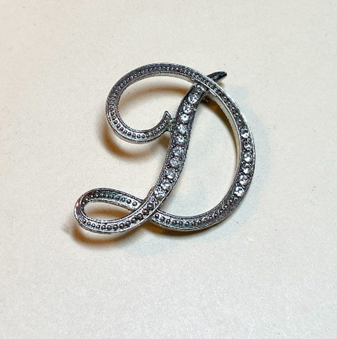 Vintage Letter D Brooch, Silvertone Metal With Rhinestones, Cursive ...