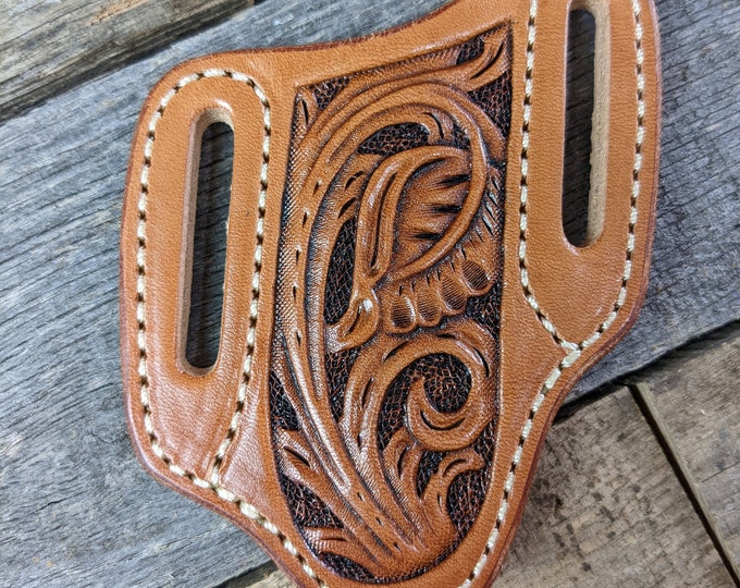 Tooled Leather Knife Sheath With Western Leaf Design for Trapper Style ...