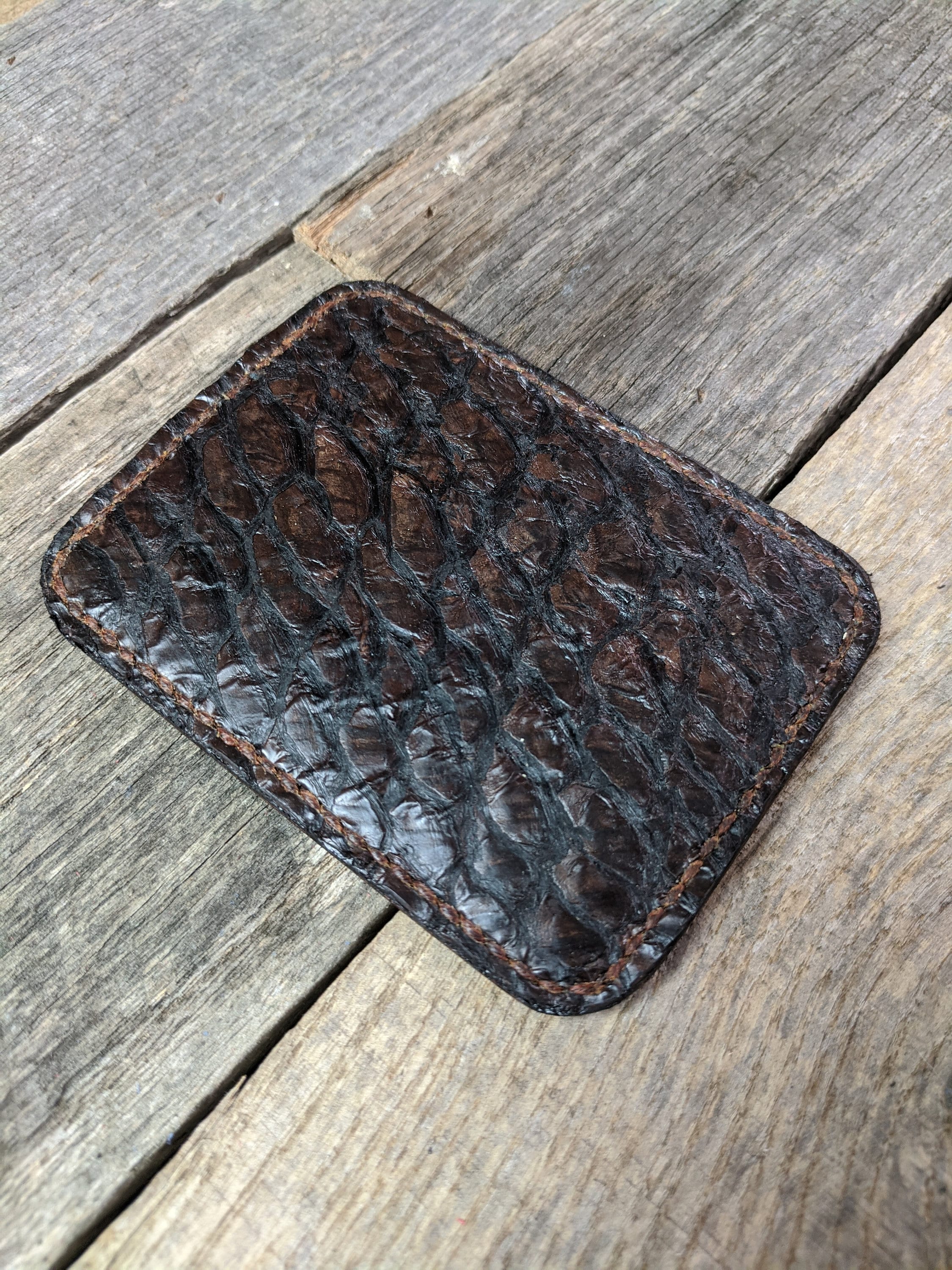 Leather Front Pocket Wallet with Dark Brown Fish Skin, Slim Wallet ...