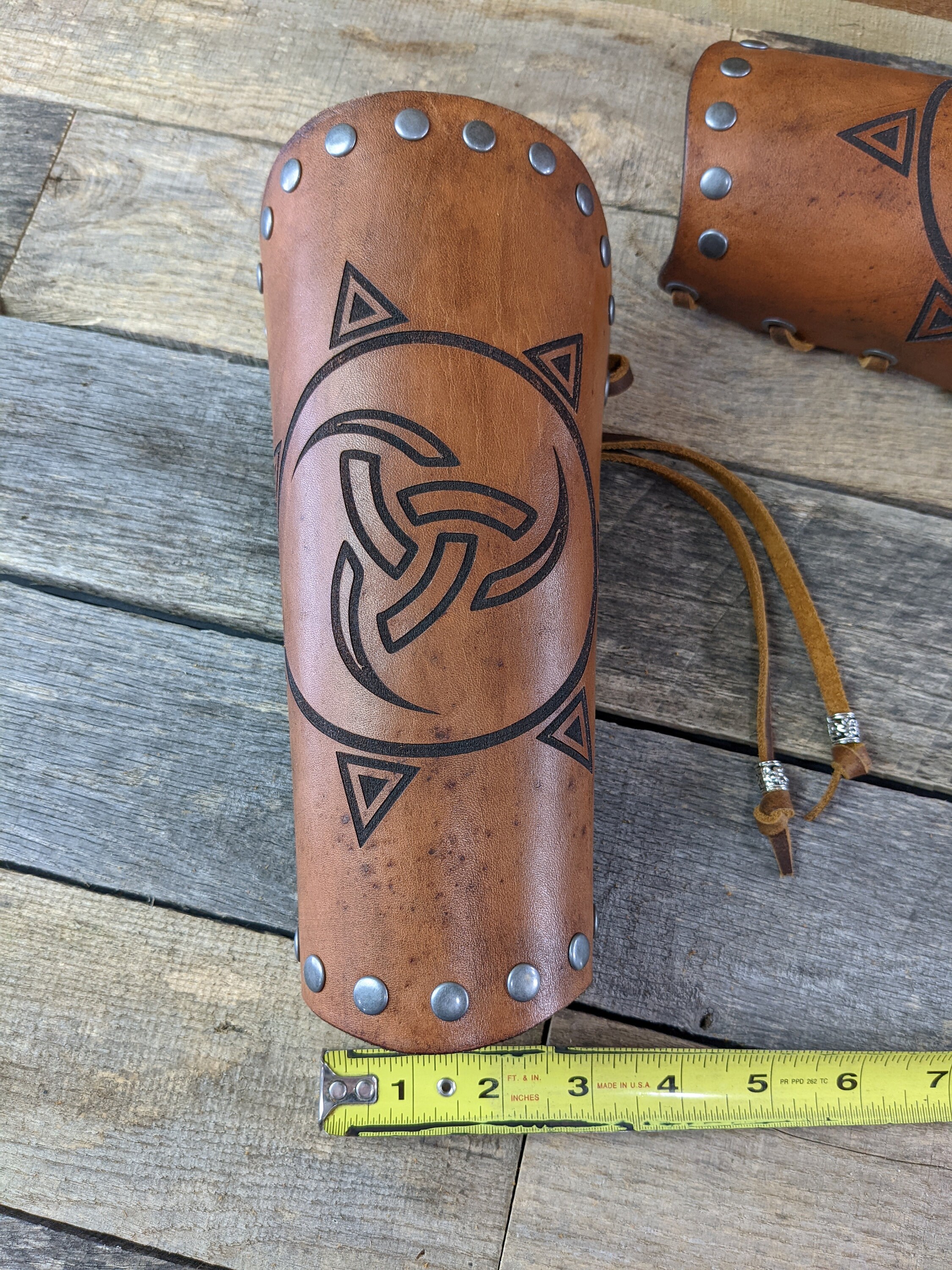 Leather Gauntlets with Viking Triple Horn and Sun Design