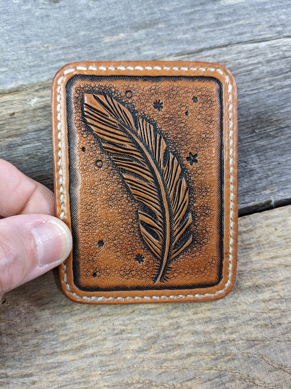 Hand Tooled Leather Front Pocket Wallet With Feather Design - Etsy