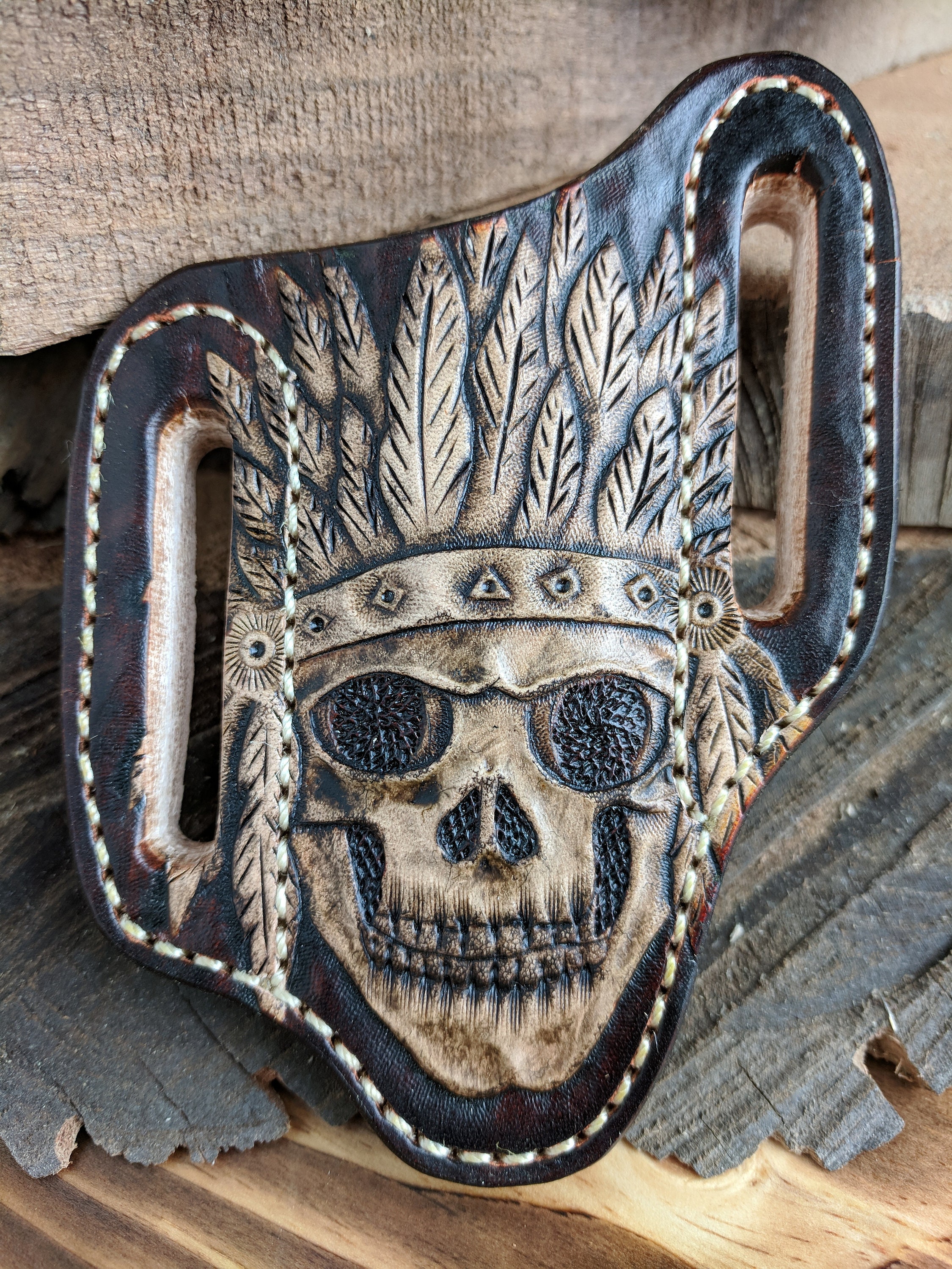 Hand Tooled Leather Knife Sheath with Small Skull Design for Pocket Knife