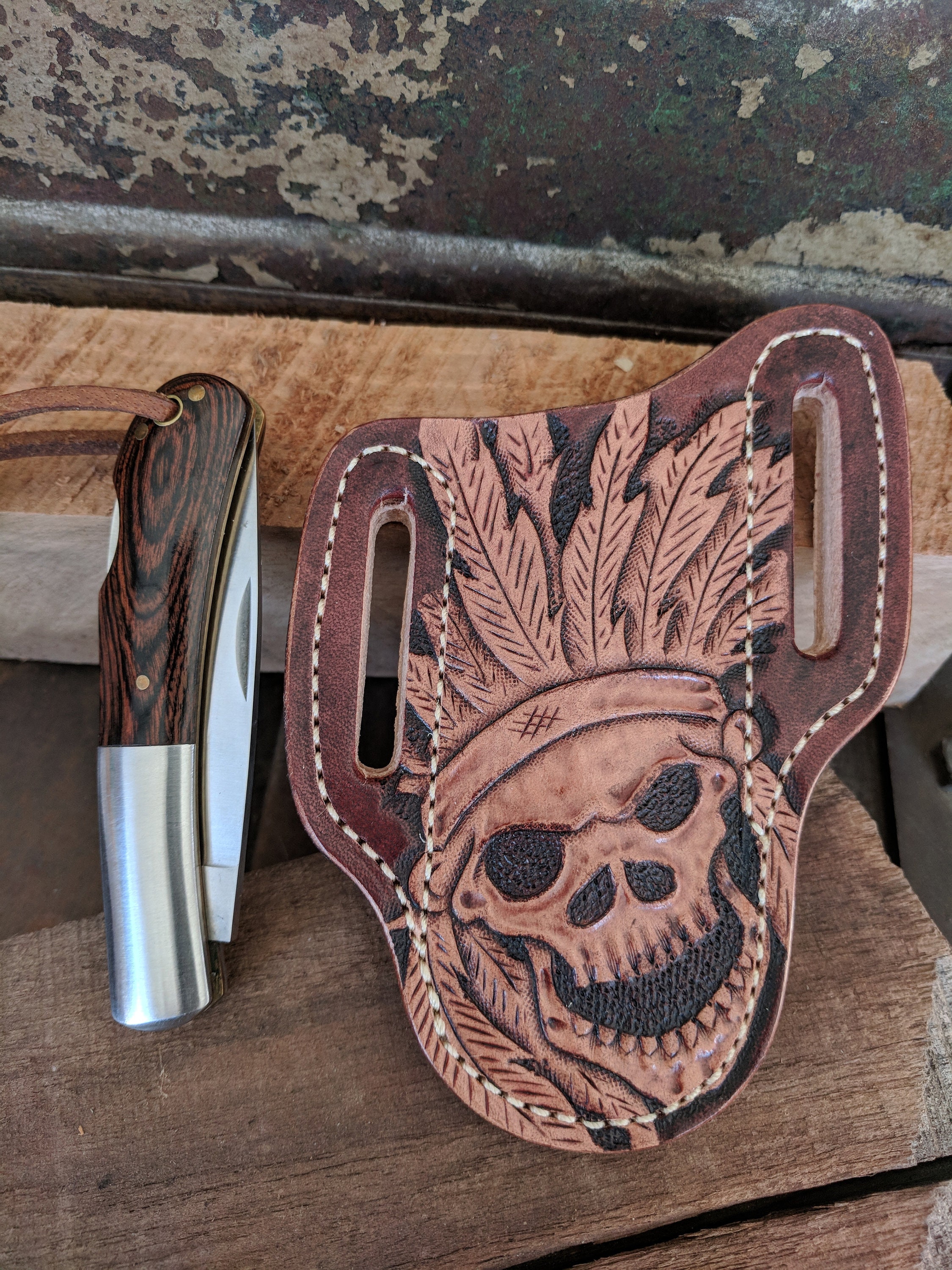 Hand Tooled Leather Knife Sheath with Cartoon Skull Design for Pocket Knife