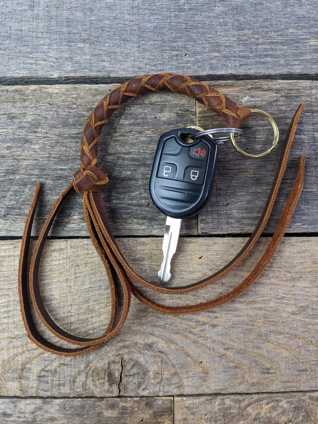 Long Brown Braided Leather Keychain Round Braid With Gold Plated Key ...