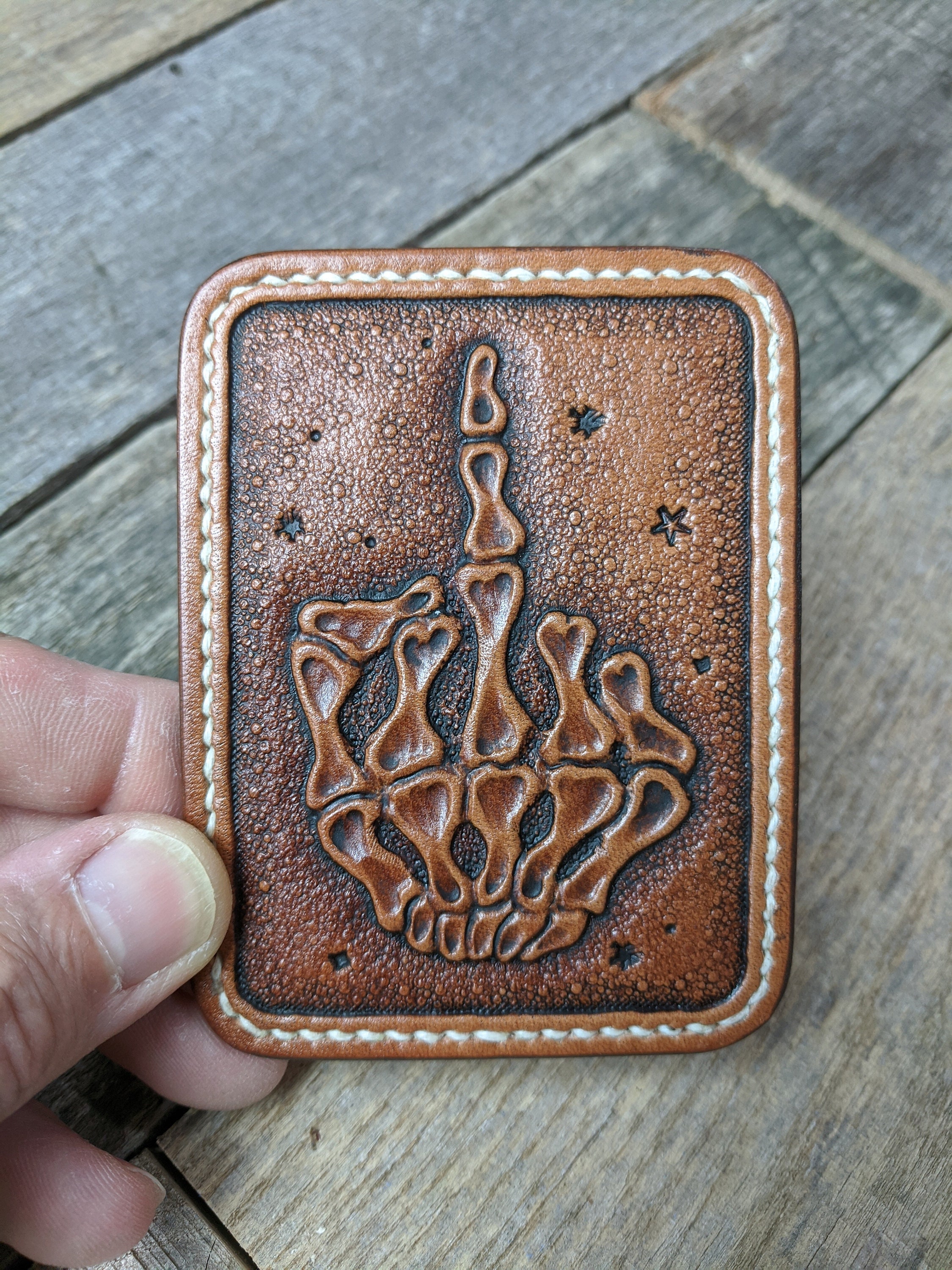 Hand Tooled Leather Front Pocket Wallet with Middle Finger Design, Slim ...