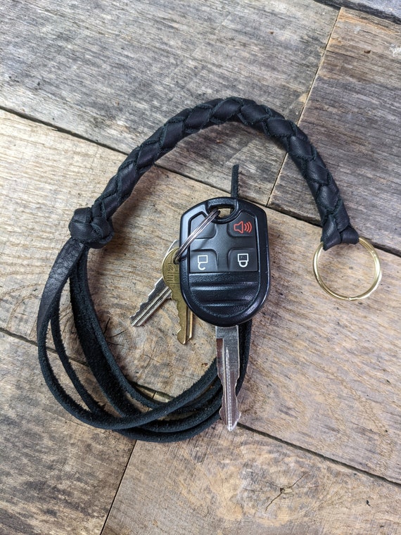 Long Black Braided Leather Keychain Round Braid With Gold - Etsy