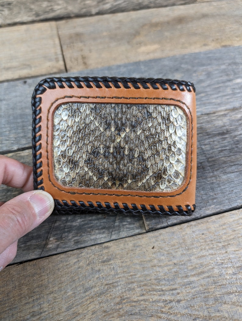 Leather Bifold Wallet With Rattlesnake Skin Inlays and Laced Edges Mens ...