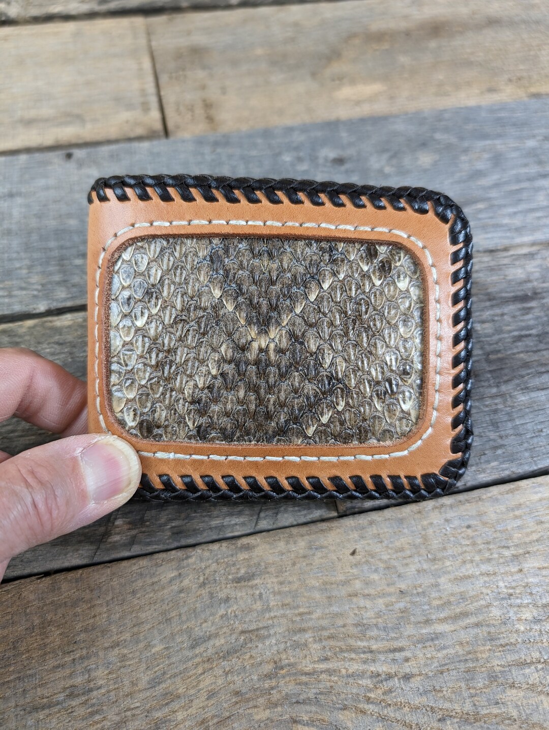 Leather Bifold Wallet With Rattlesnake Skin Inlays and Laced Edges Mens ...