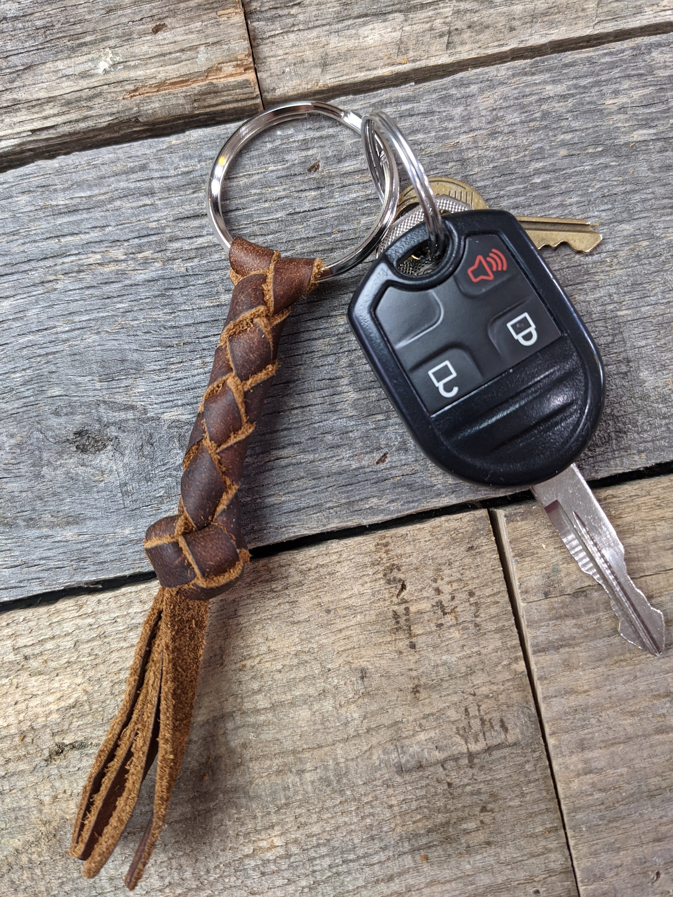 Brown Braided Leather Keychain Round Braid with Turk's Head Knot Key Fob