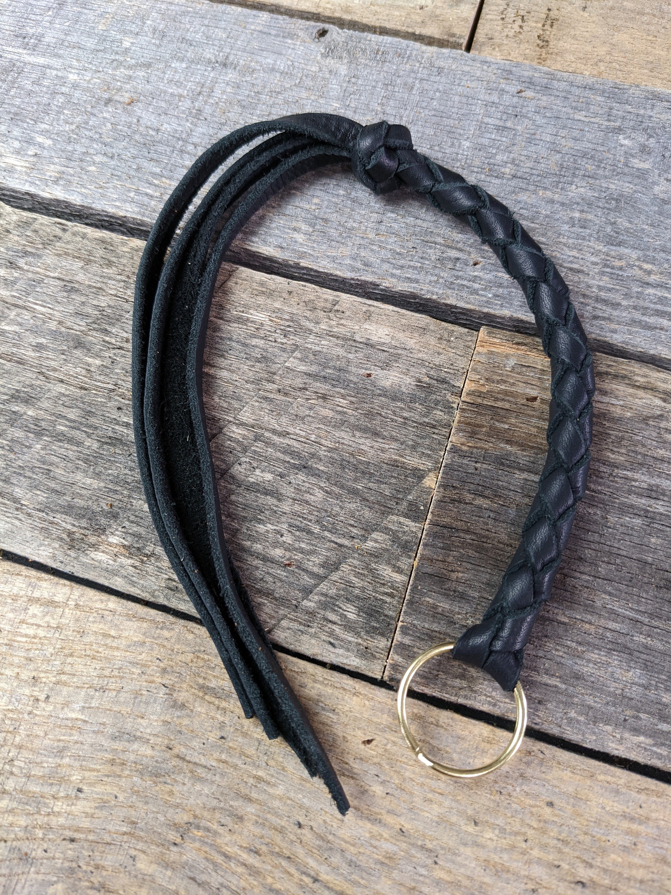 Long Black Braided Leather Keychain Round Braid With Gold Plated Keyring Key Fob 