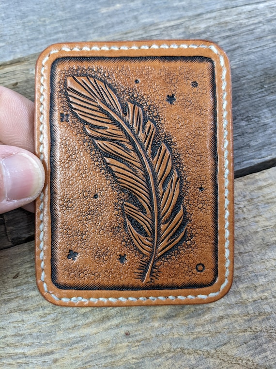 Hand Tooled Leather Front Pocket Wallet With Feather Design - Etsy