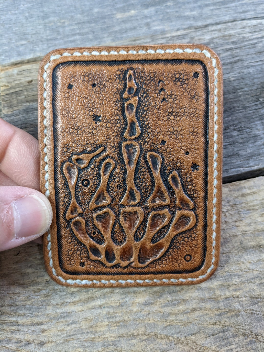 Hand Tooled Leather Front Pocket Wallet With Middle Finger Design, Slim ...