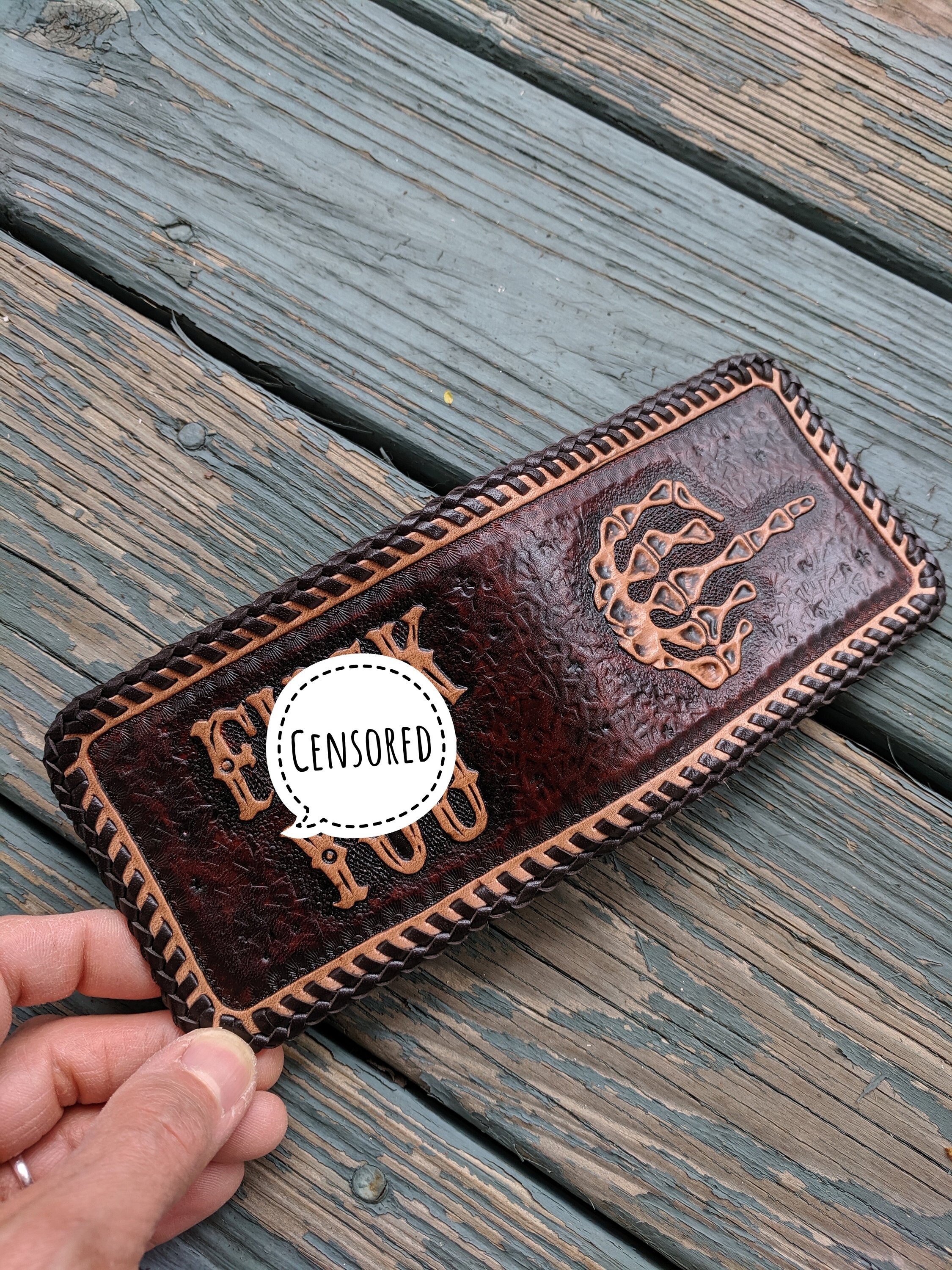 Mens Leather Wallet, Bifold Wallet with Middle Finger Design and Laced ...