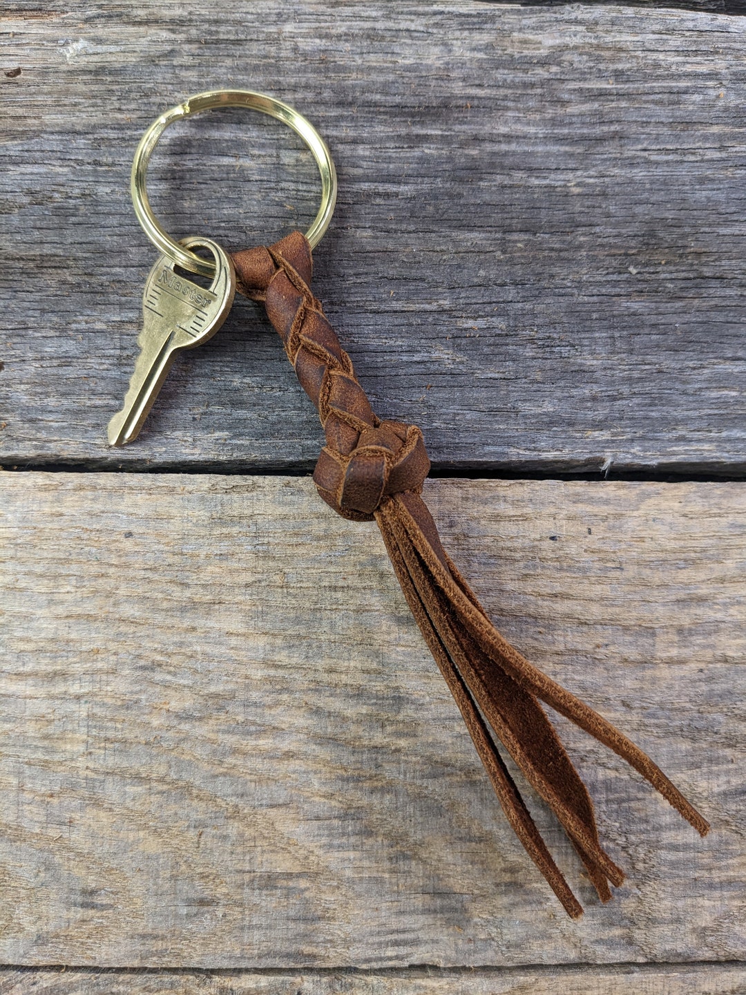 Brown Braided Leather Keychain Round Braid With Gold Plated Keyring Key ...