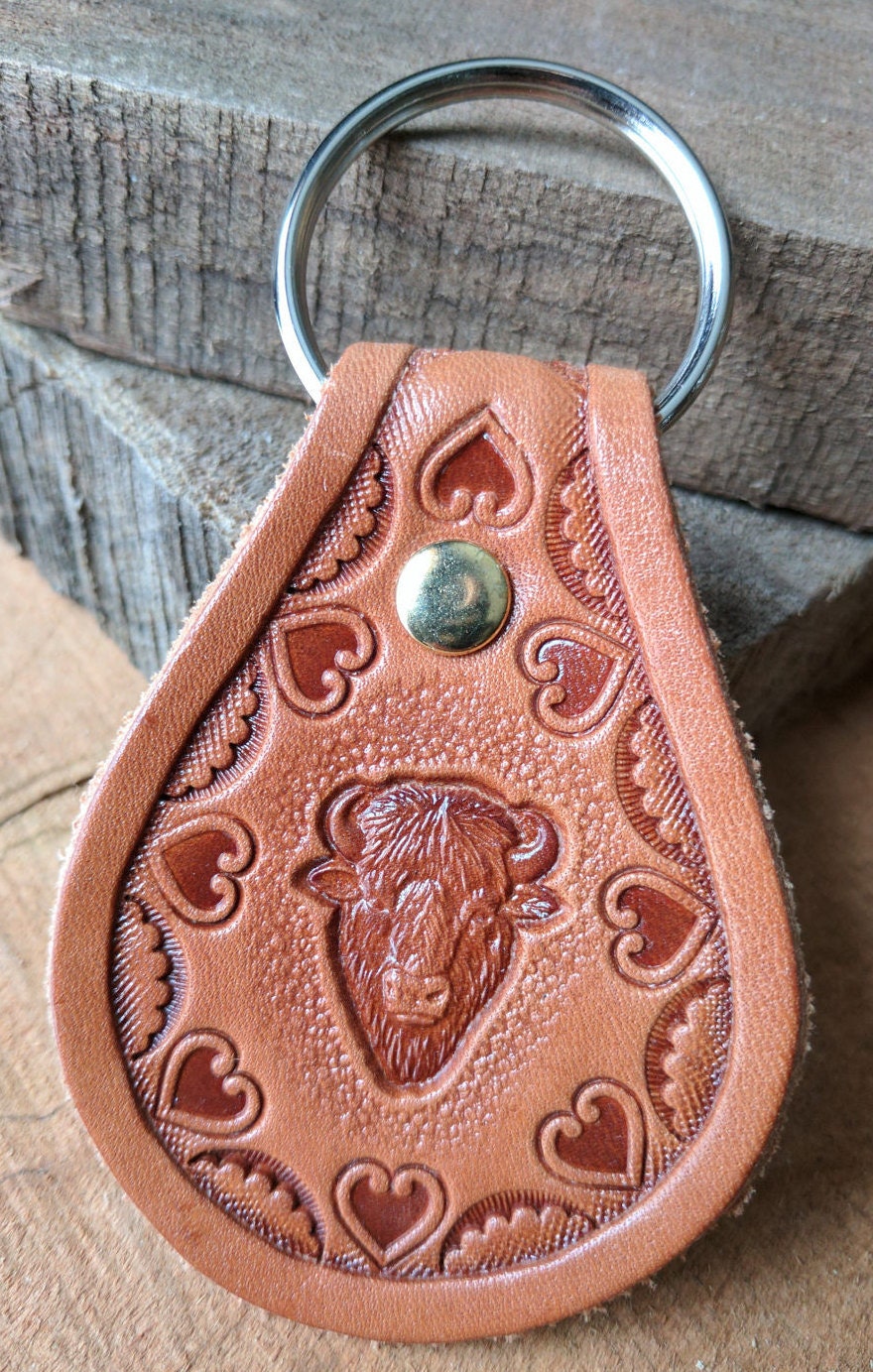 Hand Tooled Leather Keychain With Heart Border And Buffalo Head Stamp 