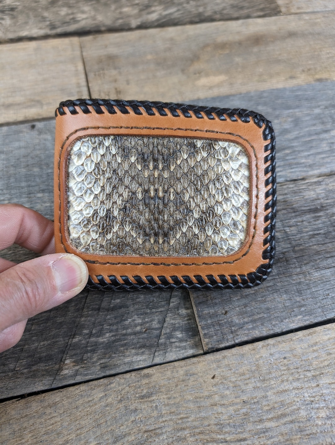 Leather Bifold Wallet With Rattlesnake Skin Inlays and Laced Edges Mens ...