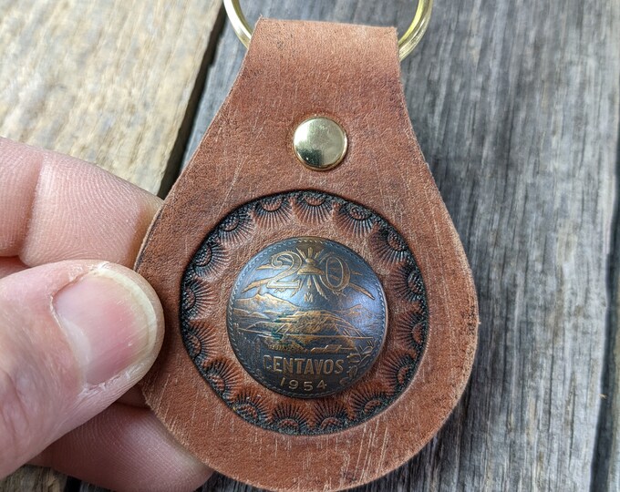 Tooled Leather Keychain With 1954 20 Centavos Mexican Coin Concho ...