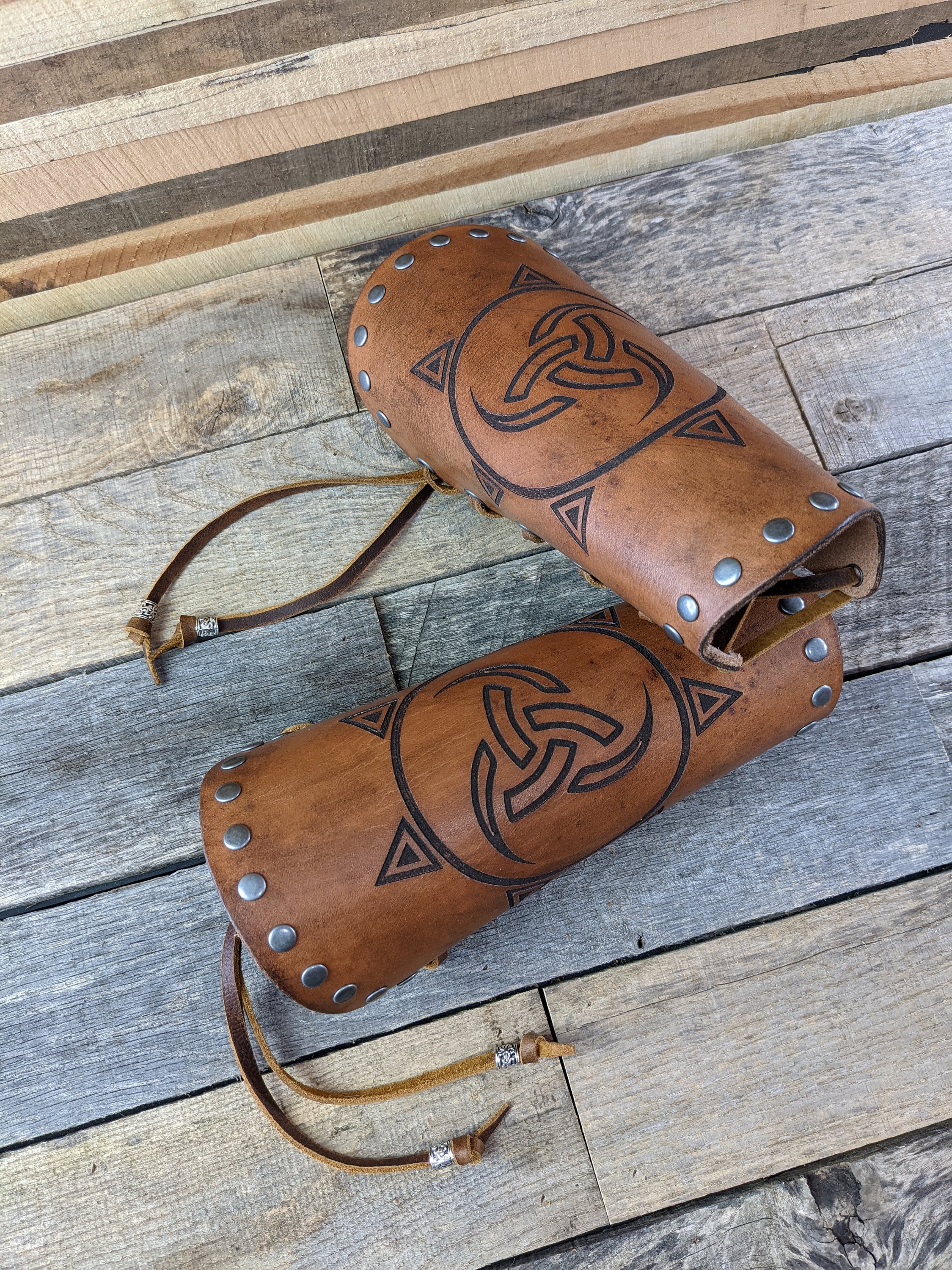 Leather Gauntlets with Viking Triple Horn and Sun Design