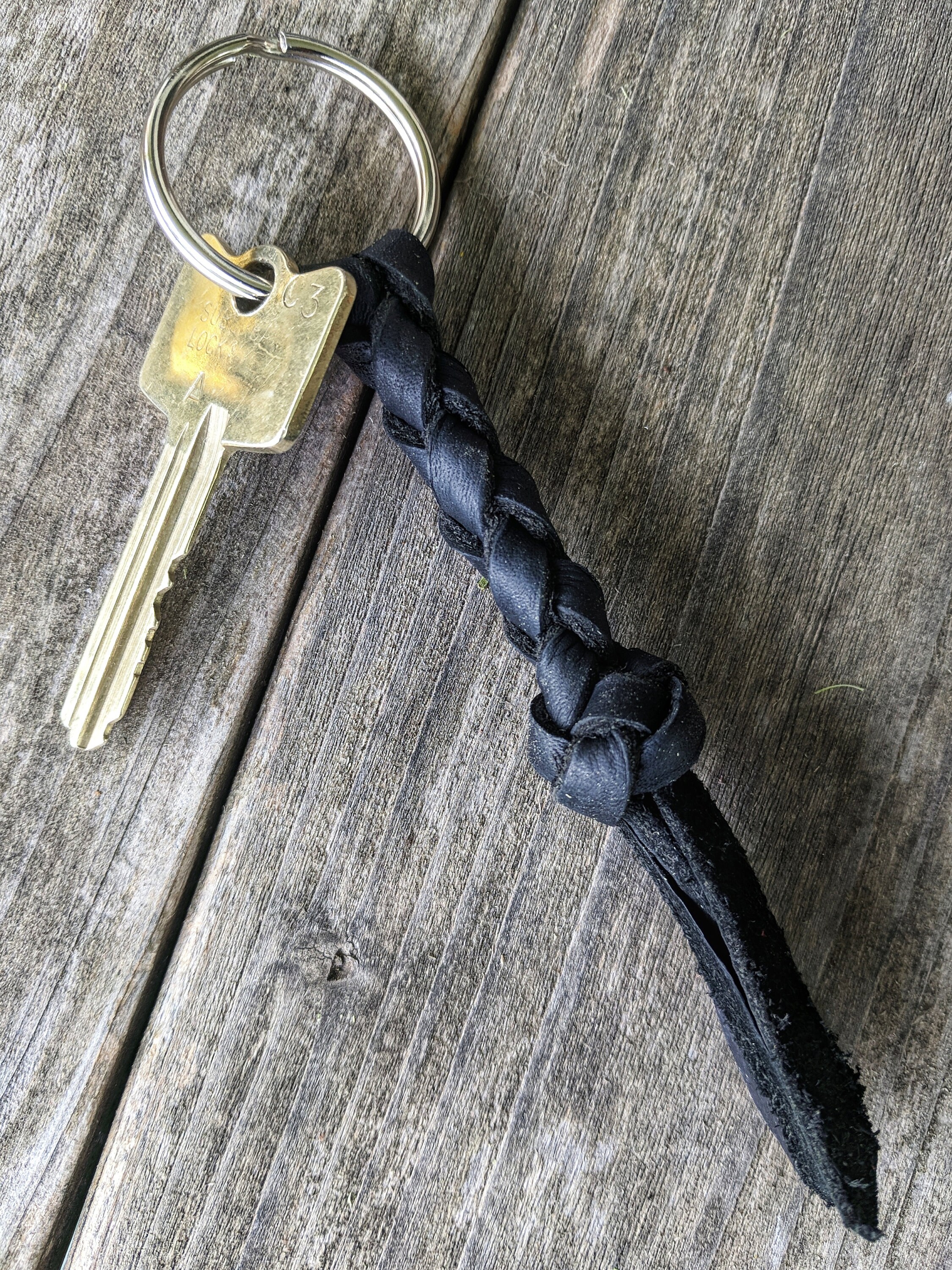 Black Braided Leather Keychain Round Braid with Turk's Head Knot Key Fob