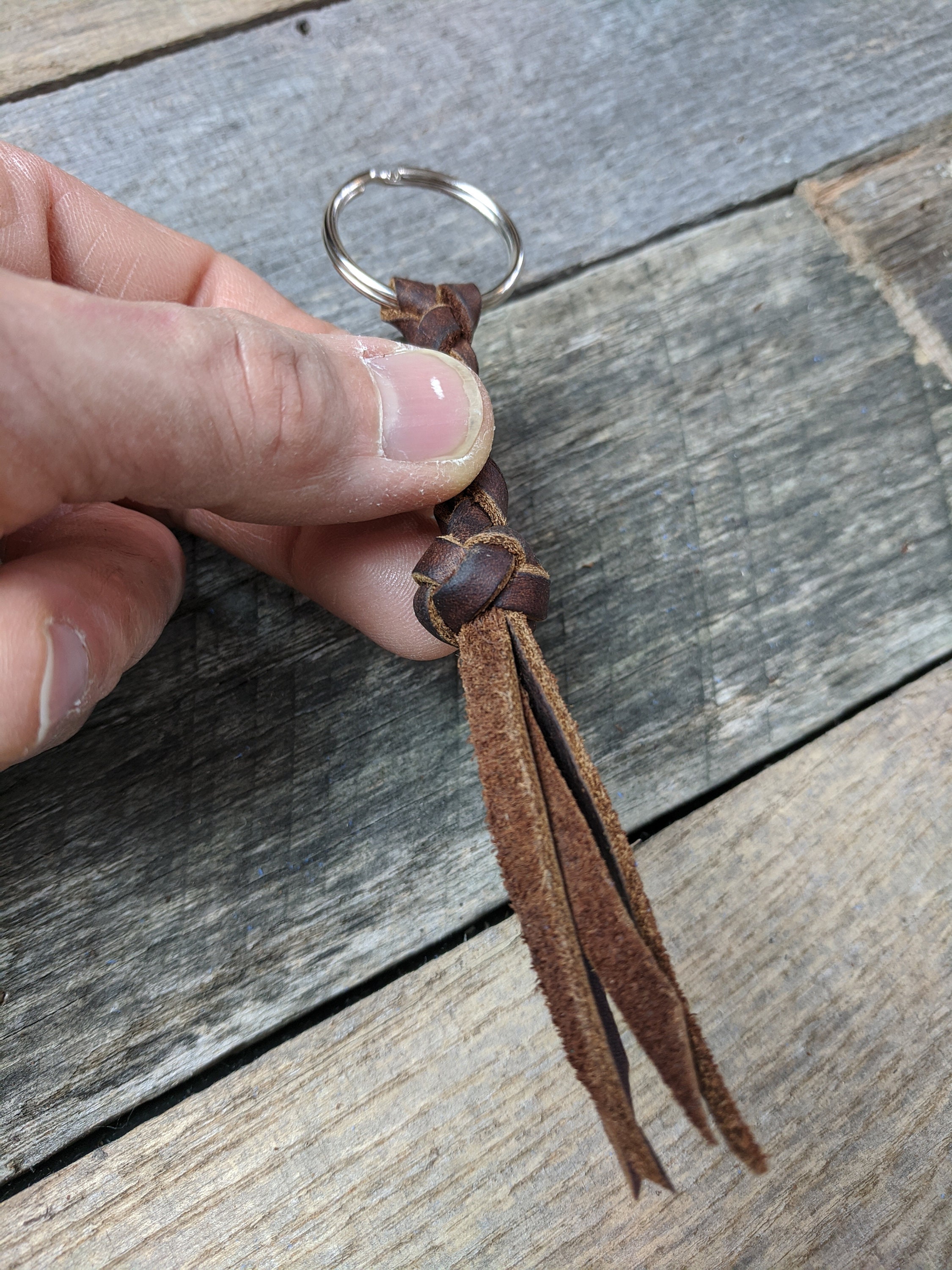 Brown Braided Leather Keychain Round Braid with Turk's Head Knot Key Fob