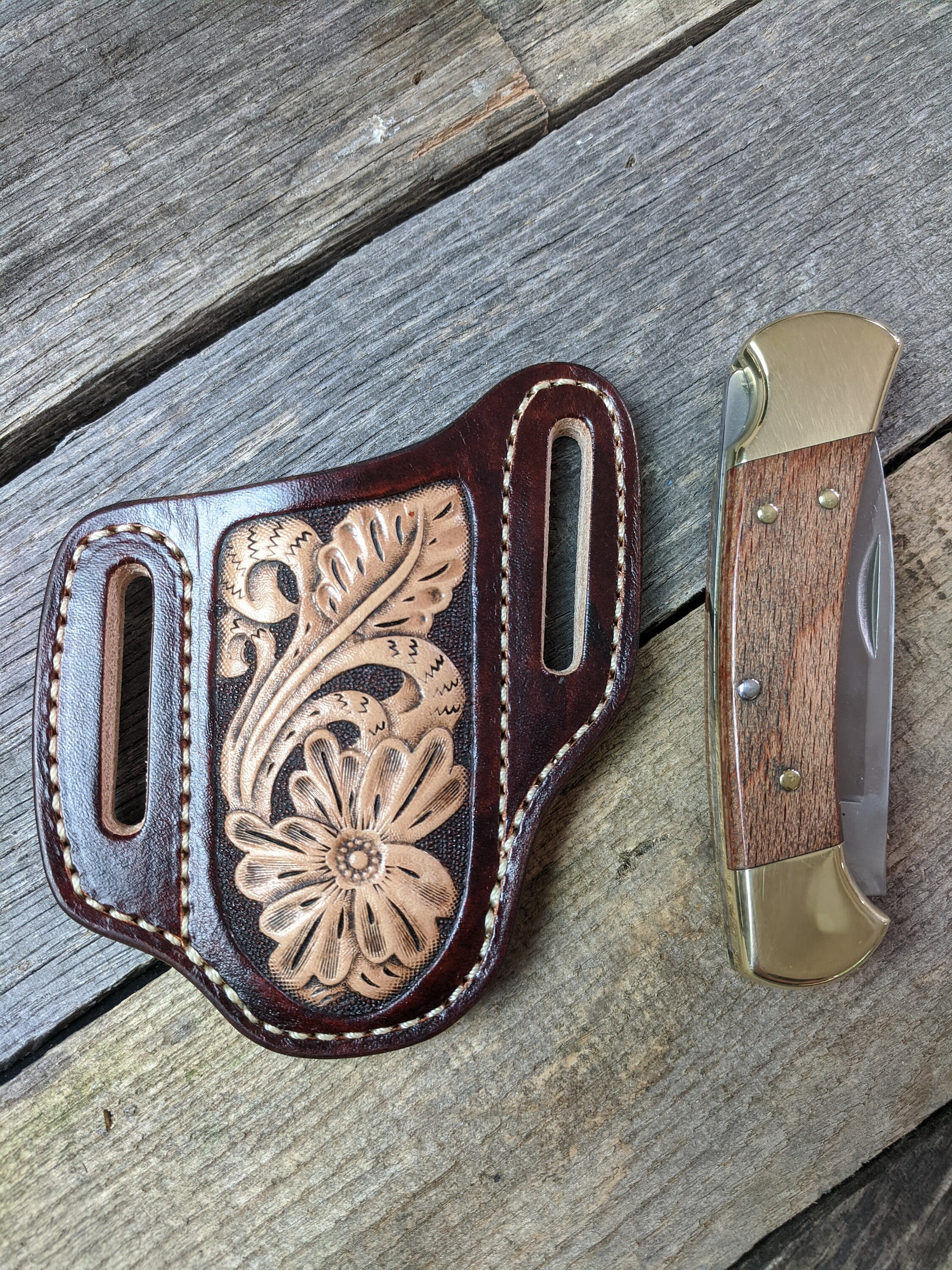 Tooled Leather Knife Sheath with Western Flower Design for Buck 112 Knife