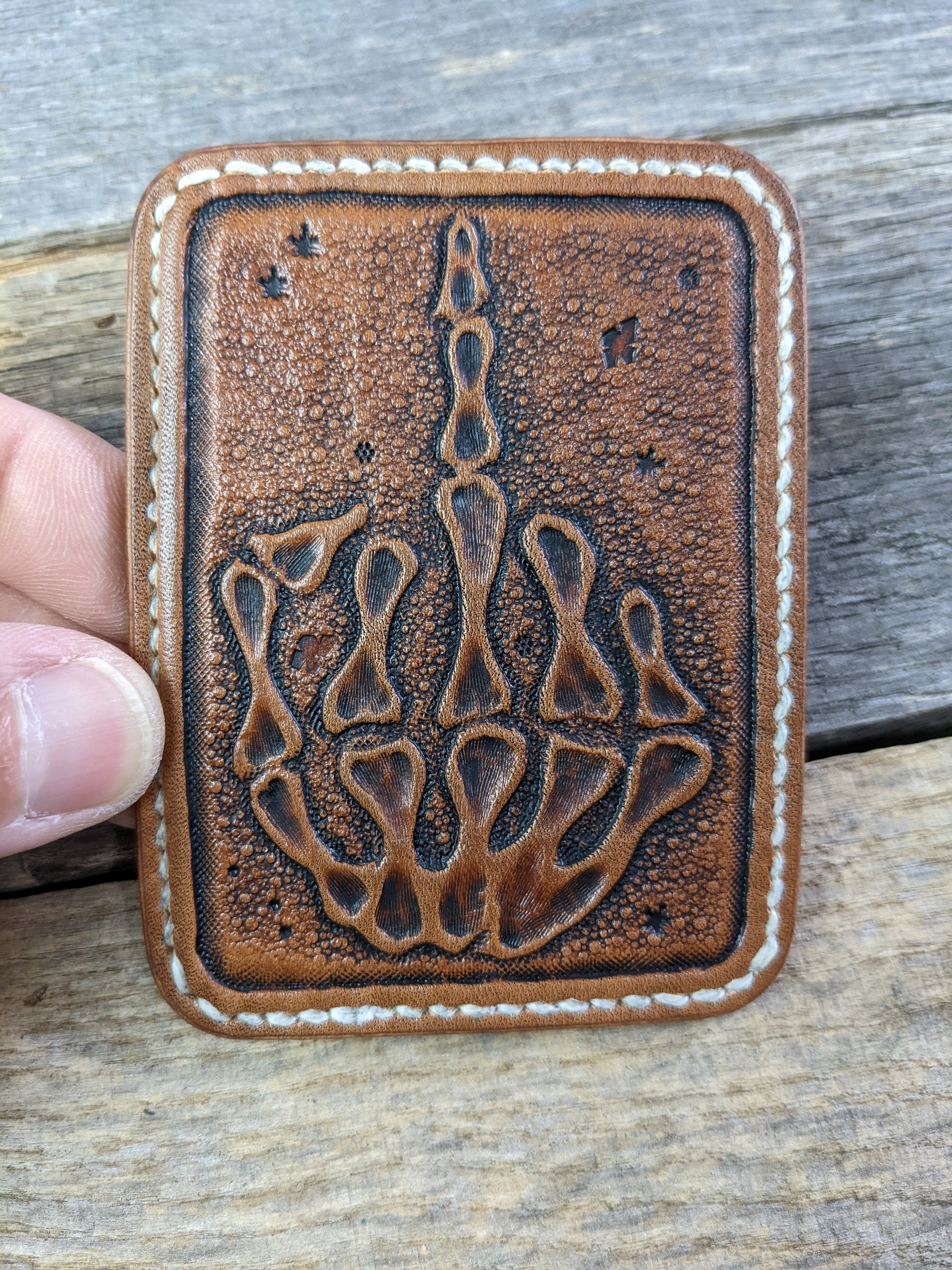 Hand Tooled Leather Front Pocket Wallet with Middle Finger Design, Slim ...