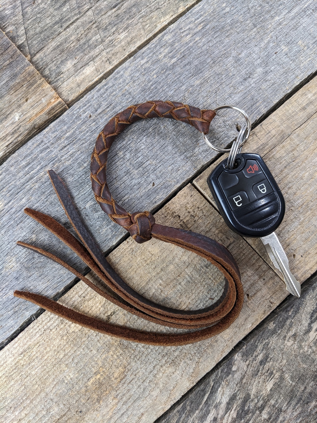Long Brown Braided Leather Keychain Round Braid With Turk's Head Knot ...