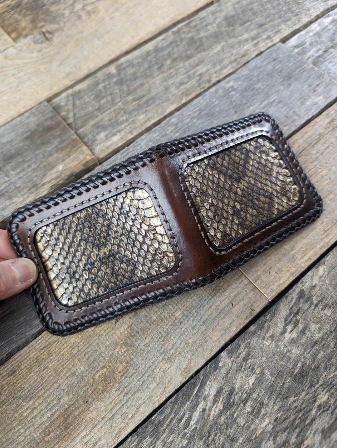 Leather Bifold Wallet With Rattlesnake Skin Inlays and Laced Edges Mens ...