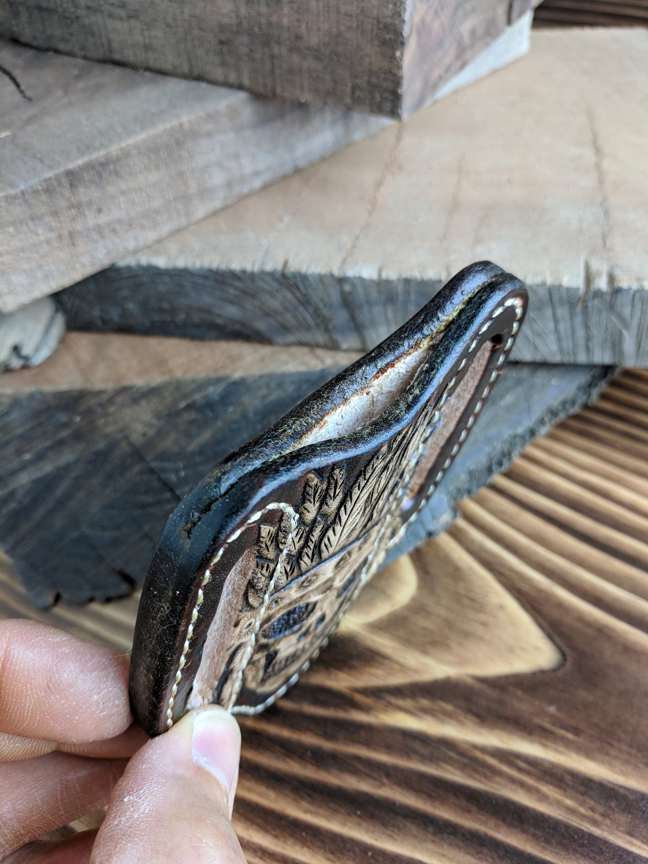 Hand Tooled Leather Knife Sheath with Small Skull Design for Pocket Knife