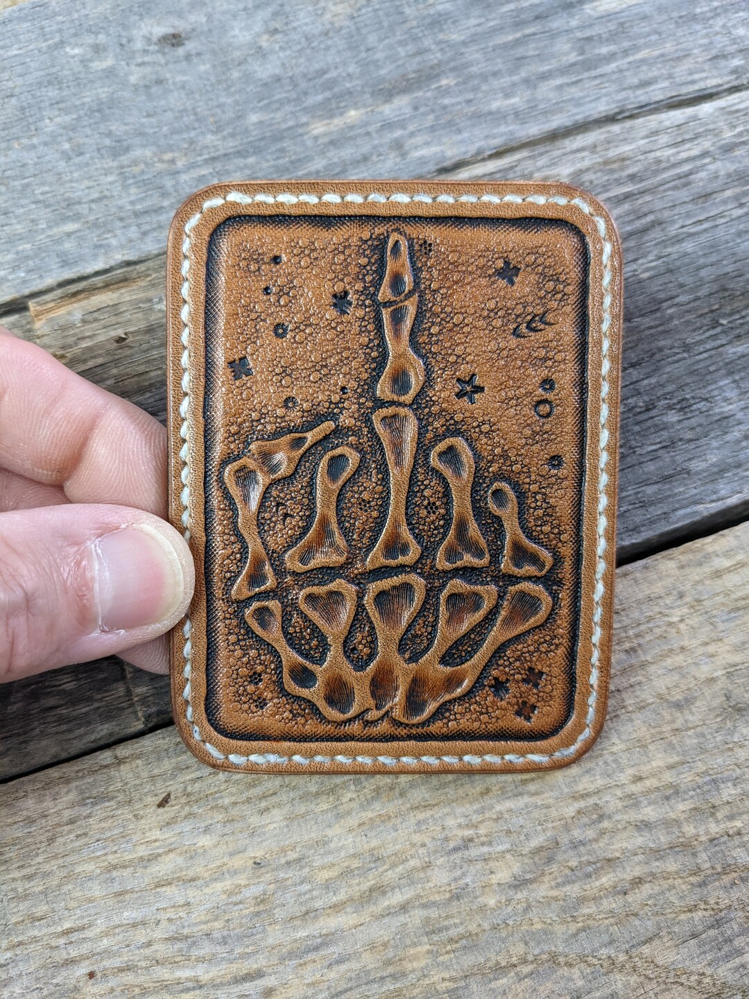 Hand Tooled Leather Wallet: Middle Finger Design, Slim Front Pocket - Etsy