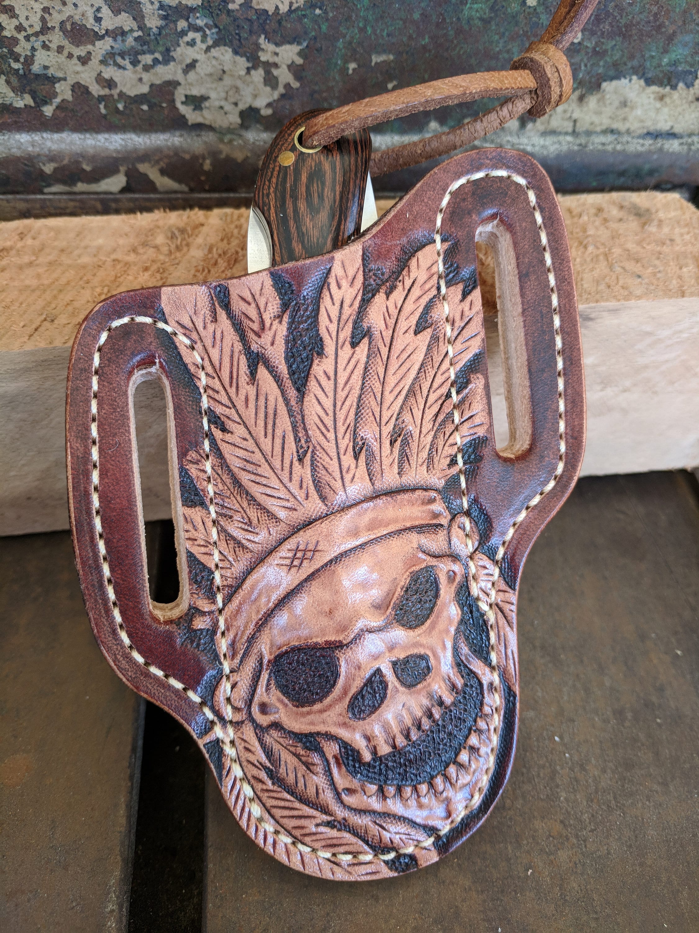 Hand Tooled Leather Knife Sheath with Cartoon Skull Design for Pocket Knife