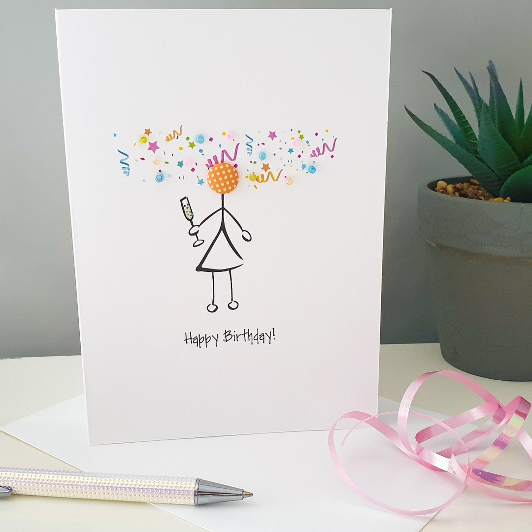 Handmade Stick Figure Happy Birthday Card, for Her, for Him - Etsy